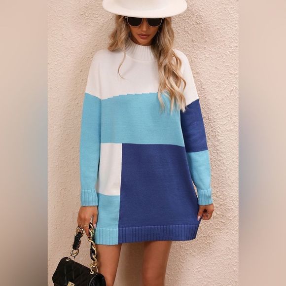 boutique | Dresses | Pastel Royal Bluecolor Block Mock Neck Dropped ...